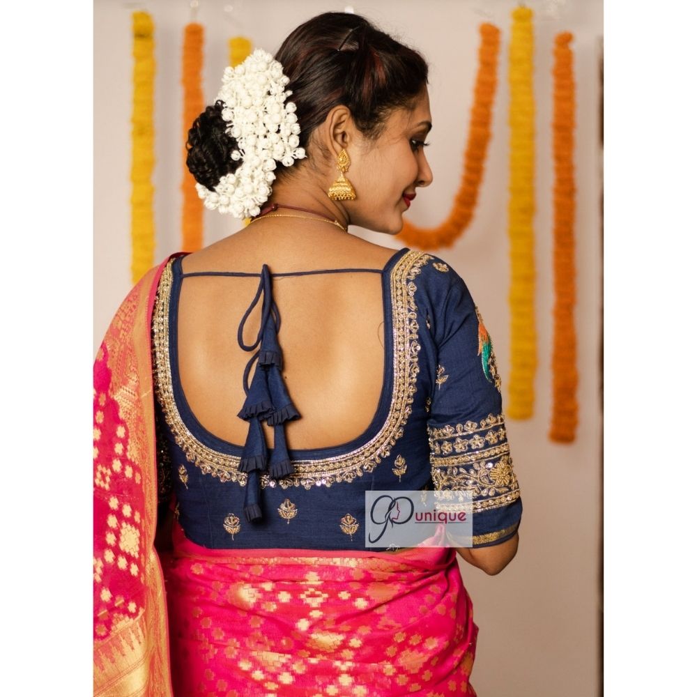 Bird Motive Blue Maggam Work Blouse - GoUnique