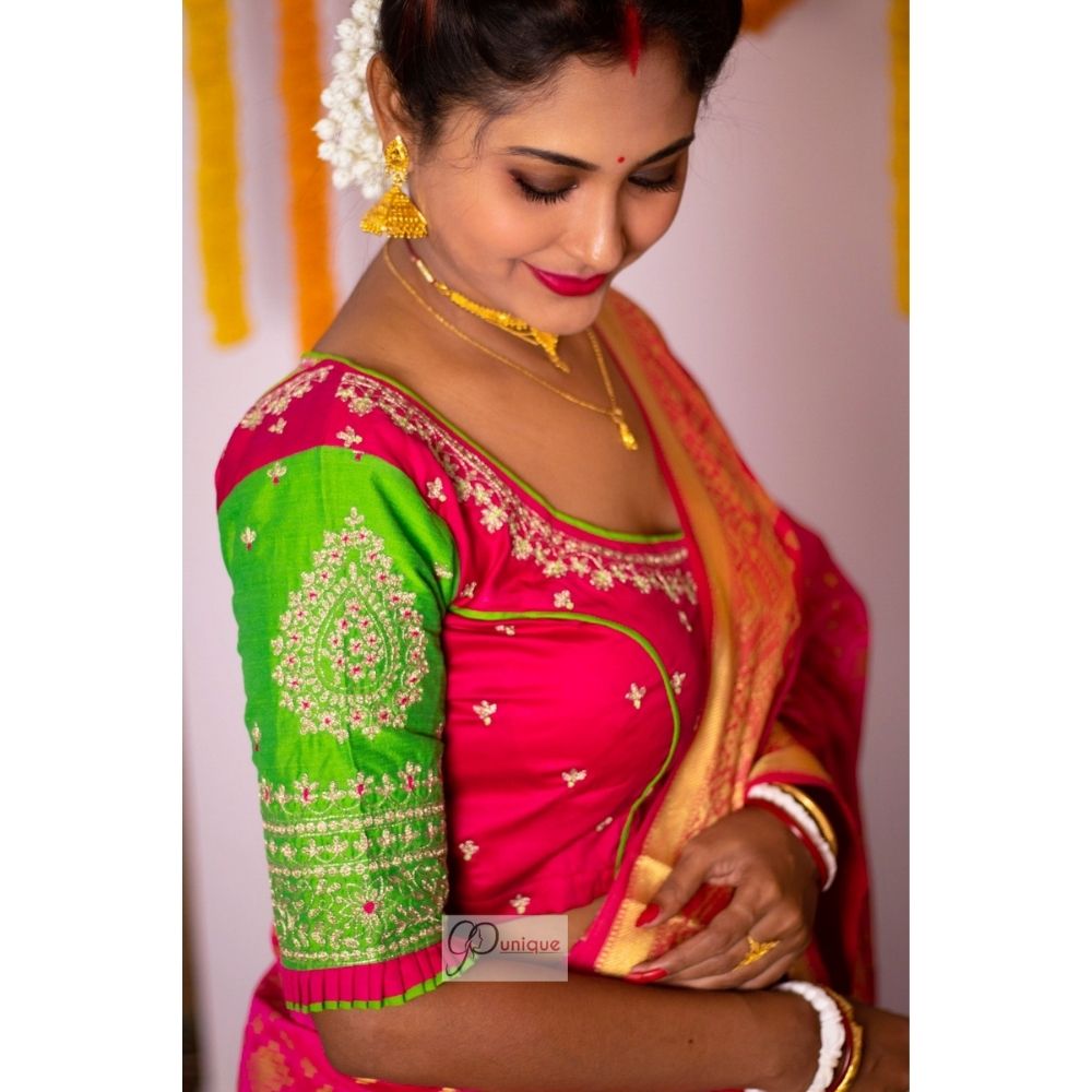 Magenta Parrot Green Golden Kolka Aari Blouse - GoUnique