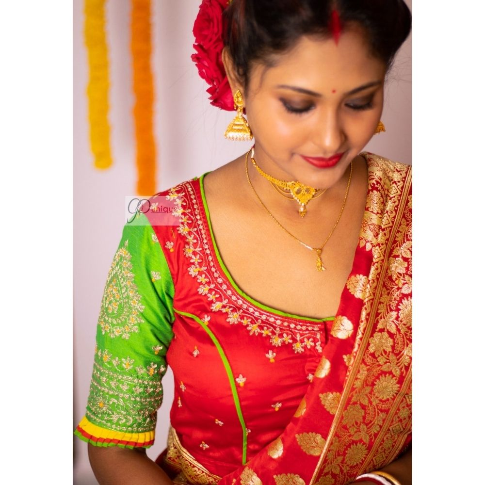 Red Parrot Green Golden kalka Design Aari Work Blouse - GoUnique