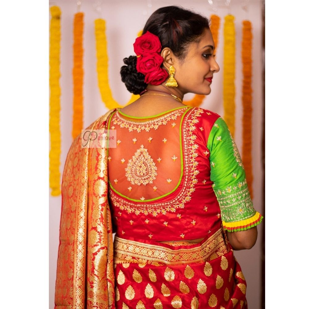 Red Parrot Green Golden kalka Design Aari Work Blouse - GoUnique