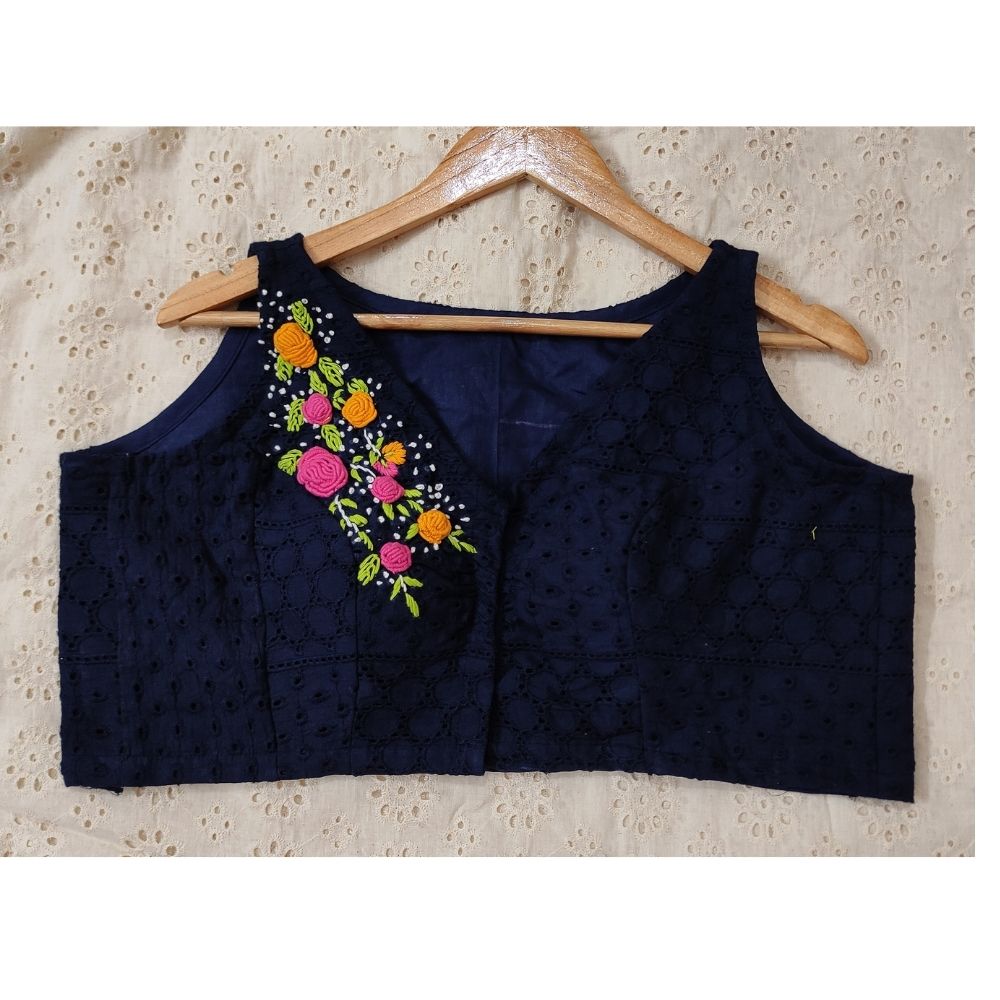 Blue Hakoba With Hand Embroidery Sleeveless Blouse Design - GoUnique