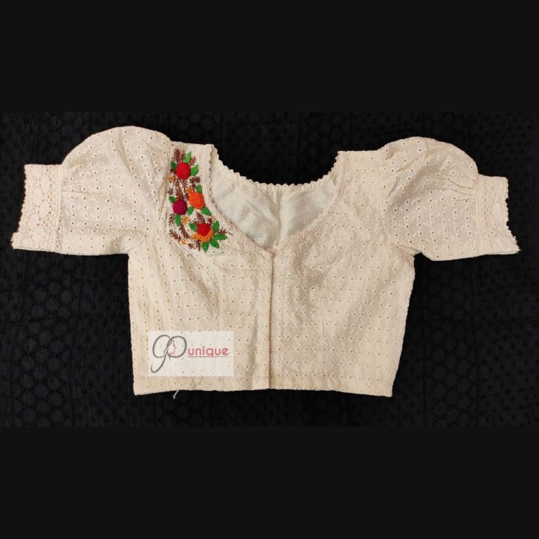 Off White Hakoba with Hand Embroidery with Puff Sleeves Blouse Design ...